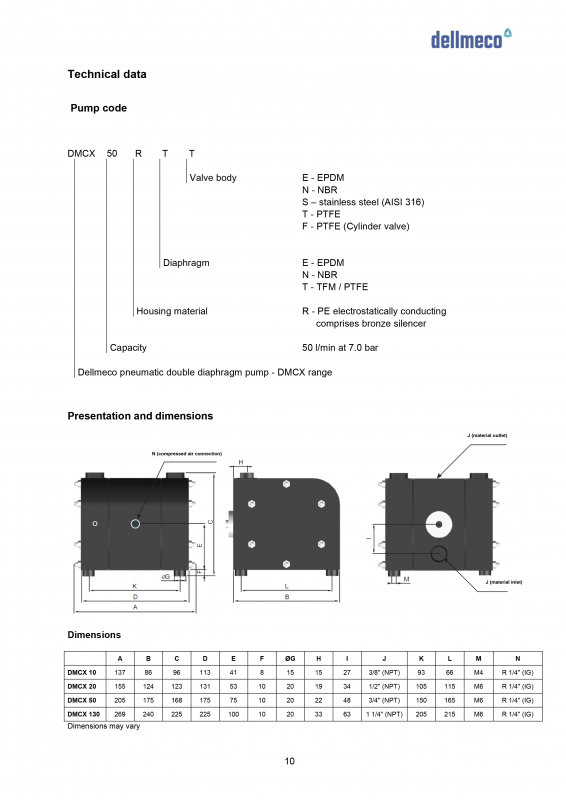 Pneumatic double diaphragm pump DMCX range model - dellmecopump